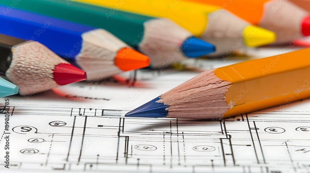Colorful Pencils Arranged on Detailed Architectural Blueprints ...