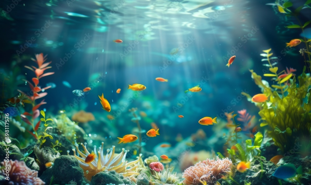 Underwater with colorful sea life fishes and plant at seabed background ...