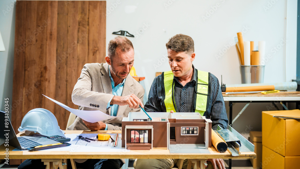 A Caucasian male engineer and an Italian male building contractor are ...