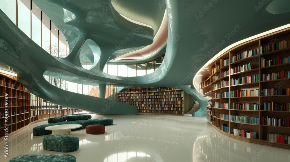 modern library with curved bookshelves and soft seating creating ...