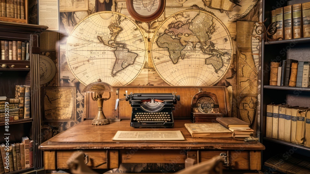 vintage-style home office with an antique desk, classic typewriter, and walls adorned with old ...
