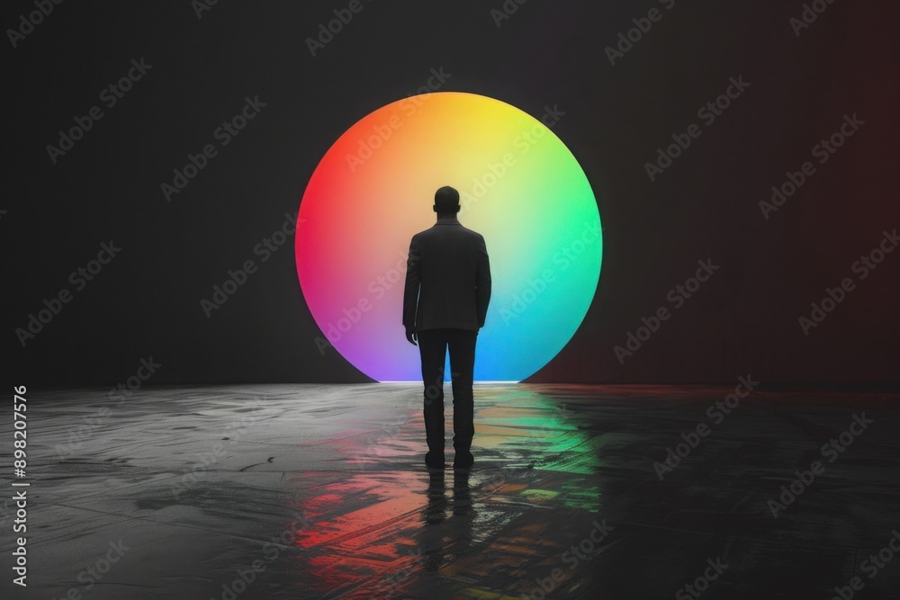 Businessperson stepping through portal from grayscale to colorful world ...