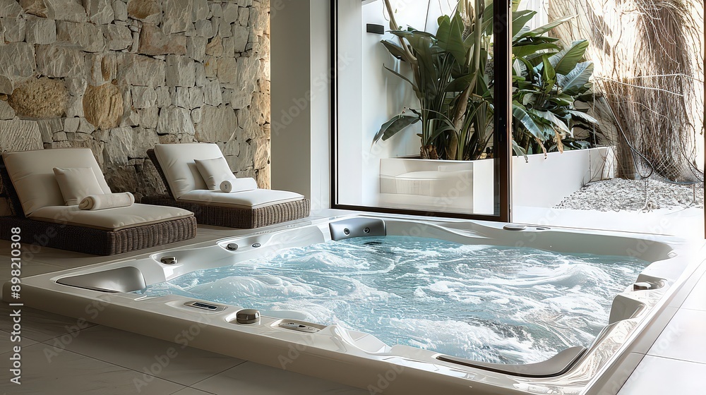 Capture a spa pool with built-in jets and comfortable seating, set ...