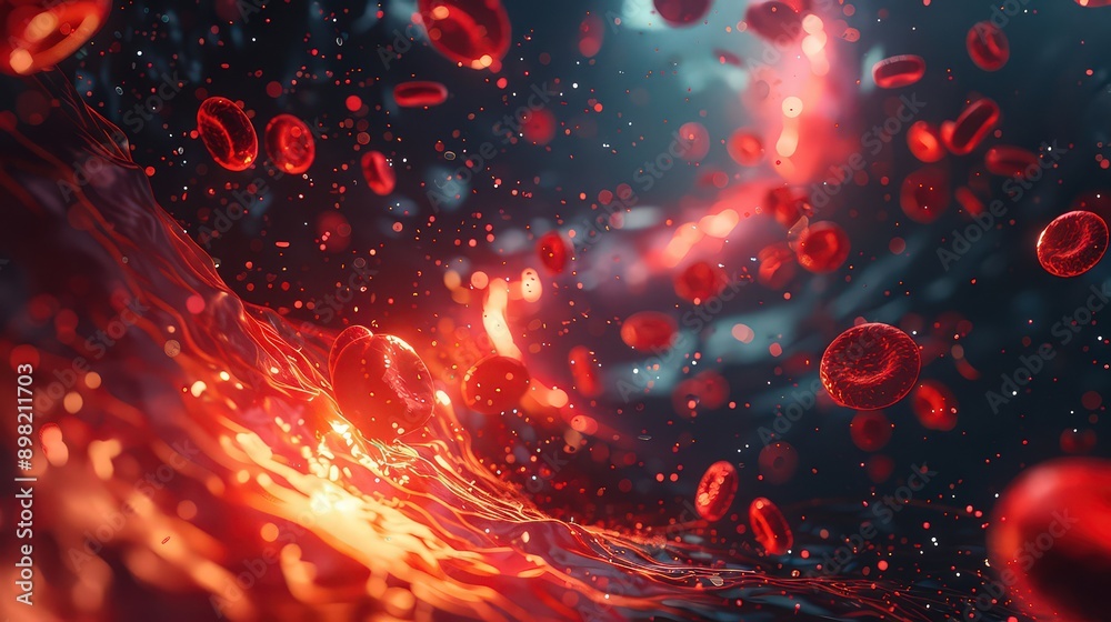vivid, animated style image showing red blood cells traveling through ...
