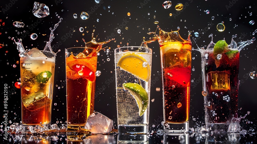 A collection of highball glasses filled with different cocktail mixes ...