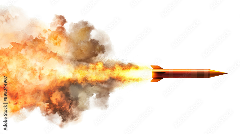 A missile rocket with fire trail isolated on transparent white ...