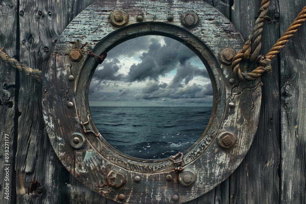 Pirate Ship Porthole with a frame of weathered wood, barnacles, and ...