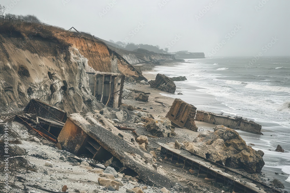 eroded coastline with visible signs of sea level rise submerged ...