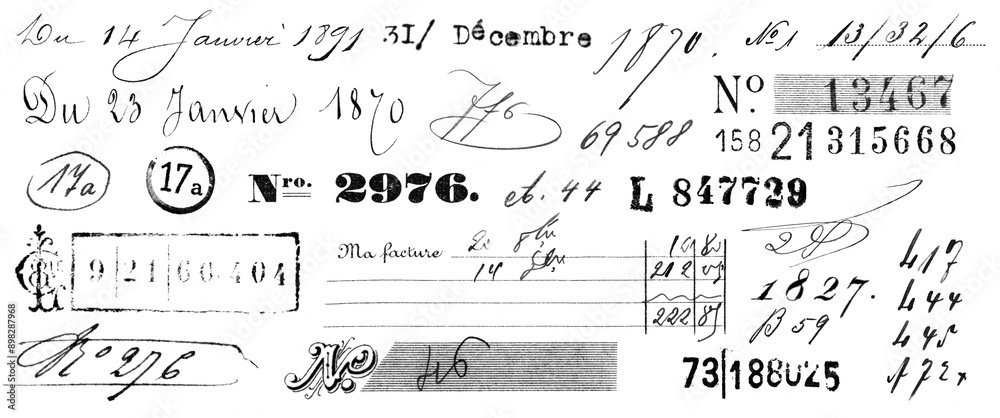 large collection of handwritten, stamped and typed numbers and dates ...