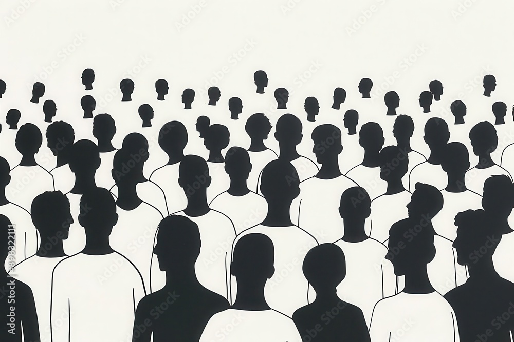 monochromatic illustration of diverse crowd simplified silhouettes in ...