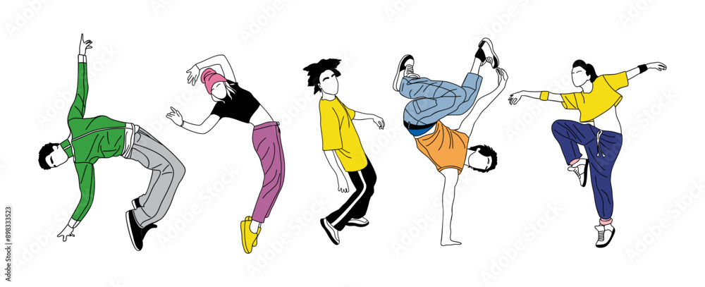 Set of teenager dancers hip hop, breakdance outline vector drawing on ...