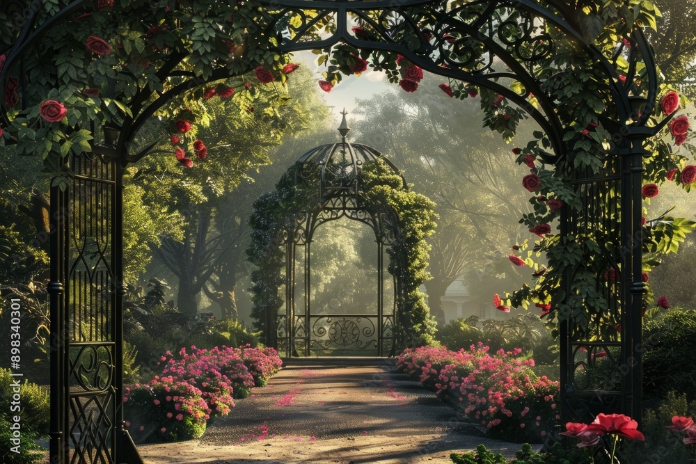 Victorian Garden, wrought iron with climbing roses and ivy. The center ...