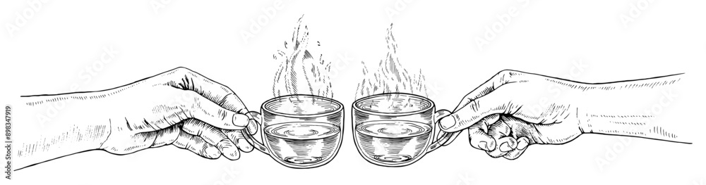 People clinking cups with hot tea. Vector hand drawn illustration. Two ...