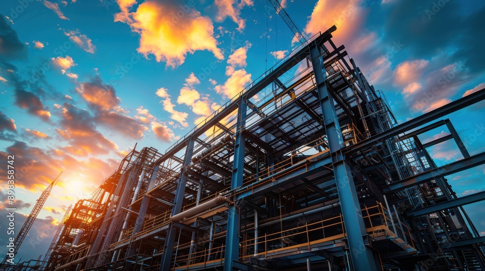 Industrial construction site with steel frameworks, highlighting large ...