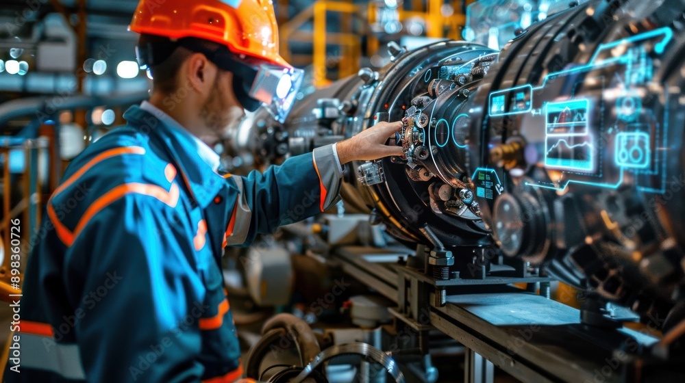 Engineer using augmented reality to inspect industrial machinery ...