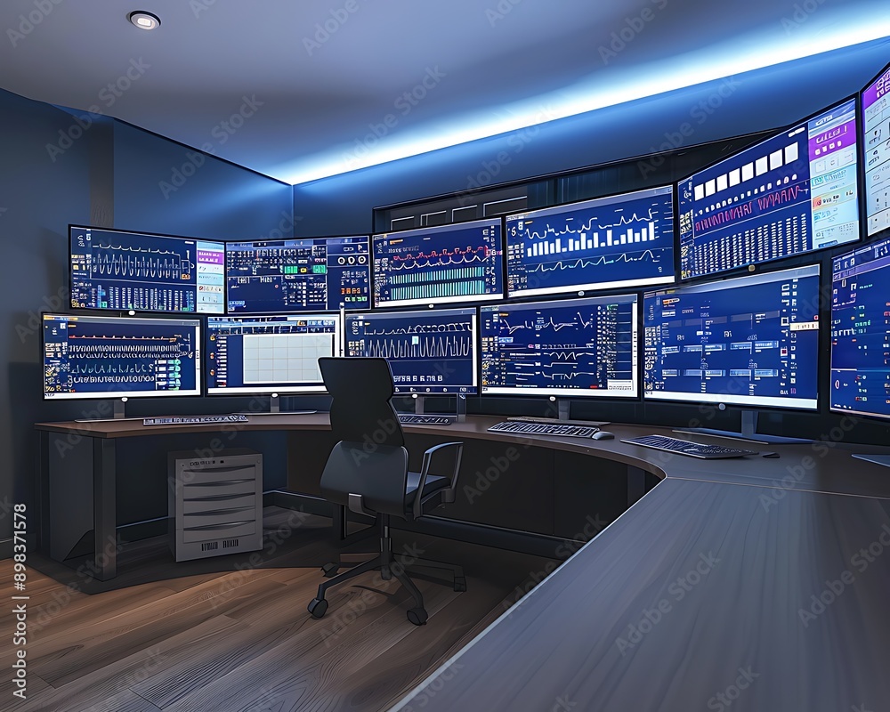 An advanced hospital control room with multiple screens monitoring ...