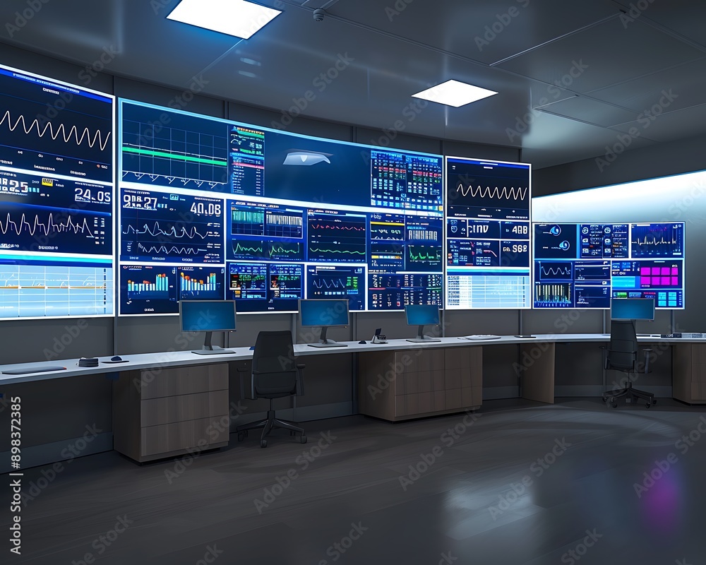 An advanced hospital control room with multiple screens displaying ...