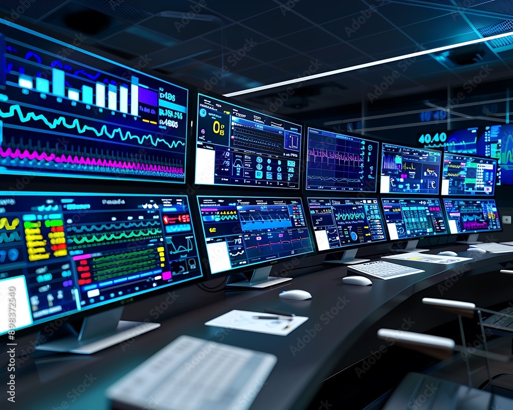 An advanced hospital control room with multiple screens displaying ...