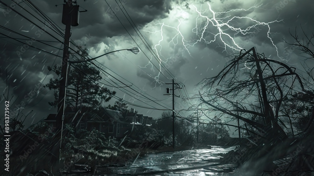 Electricity outage as consequences of natural disaster. Damaged power ...