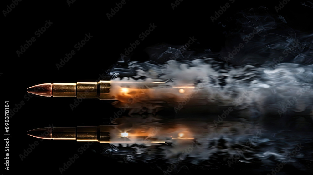 Bullet in motion with smoke trails on black background isolated dynamic ...