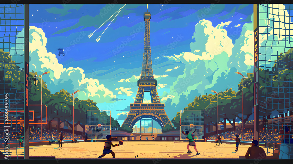Pixel Art Handball: Pixel art illustration of a handball game with the ...
