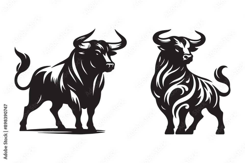 bull set black silhouette vector illustration white background ...