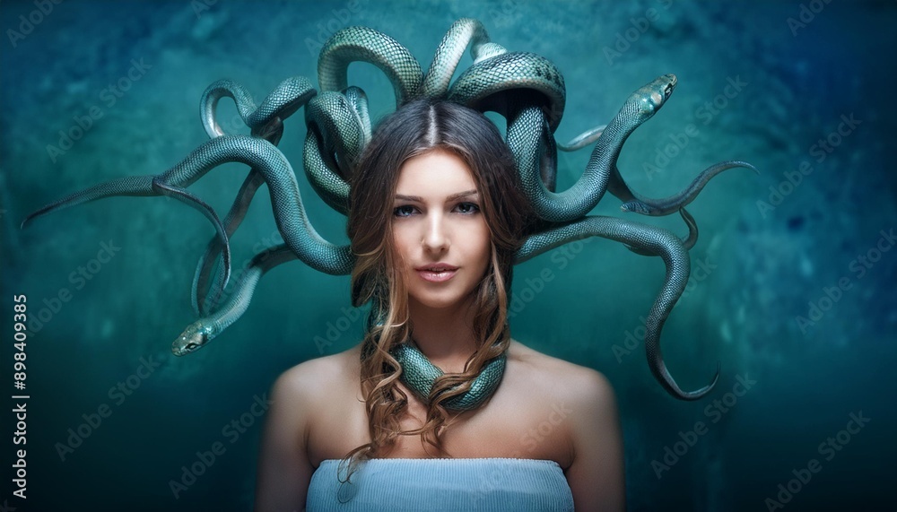 Woman with snakes in her head, dressed as Medusa, the character from ...