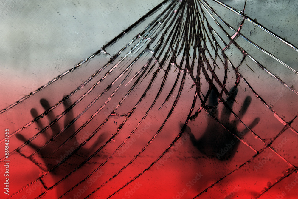 eerie blurry hands of people on broken mirror, presence blood and ...