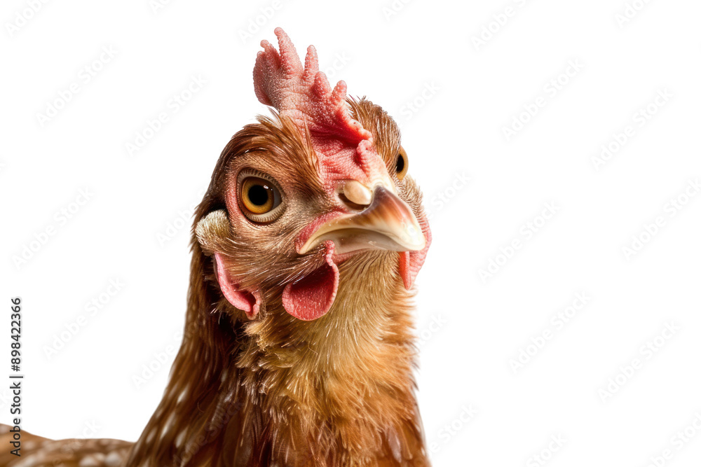 Curious chicken looks confused, tilting its head to one side, isolated ...