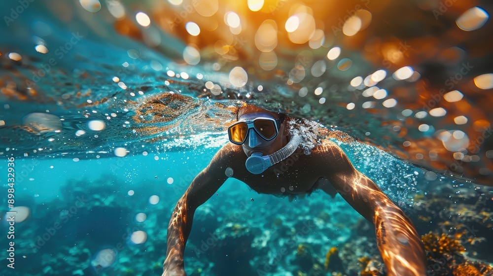 A swimmer enjoys an underwater adventure by exploring the vivid and ...