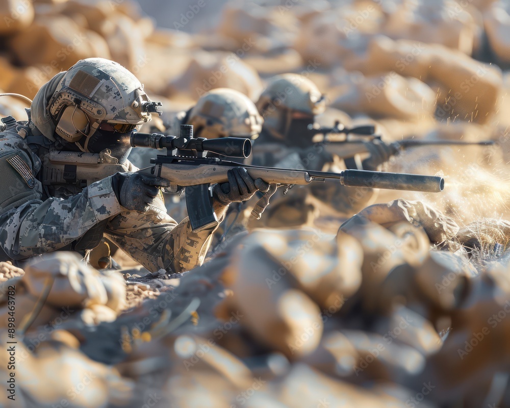 Soldiers in Military Attire Aiming Rifles During Combat Operation ...