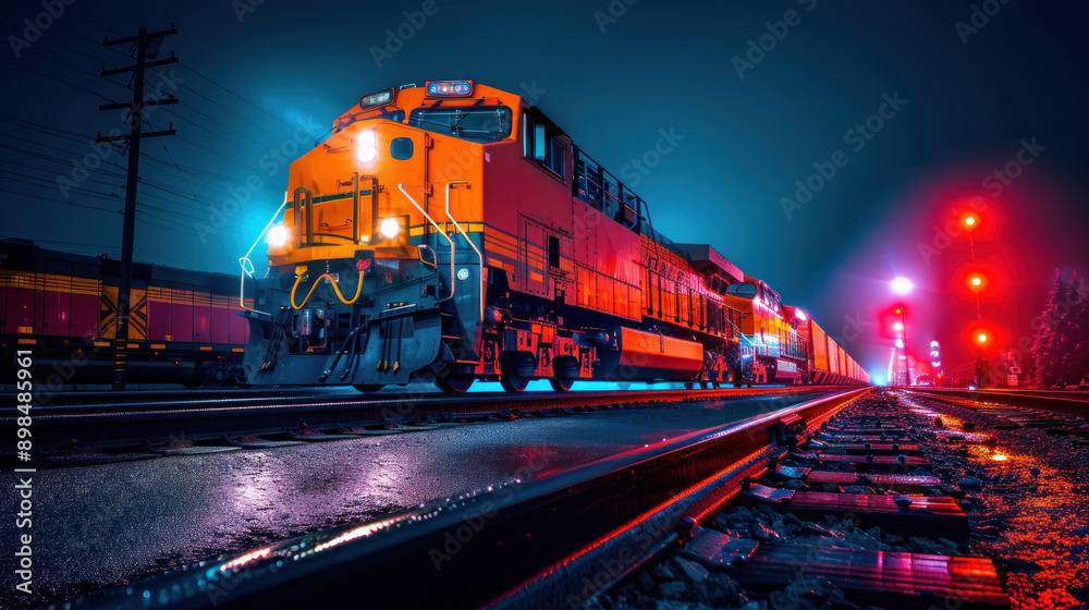 Freight train at railway station at night. Transportation background ...