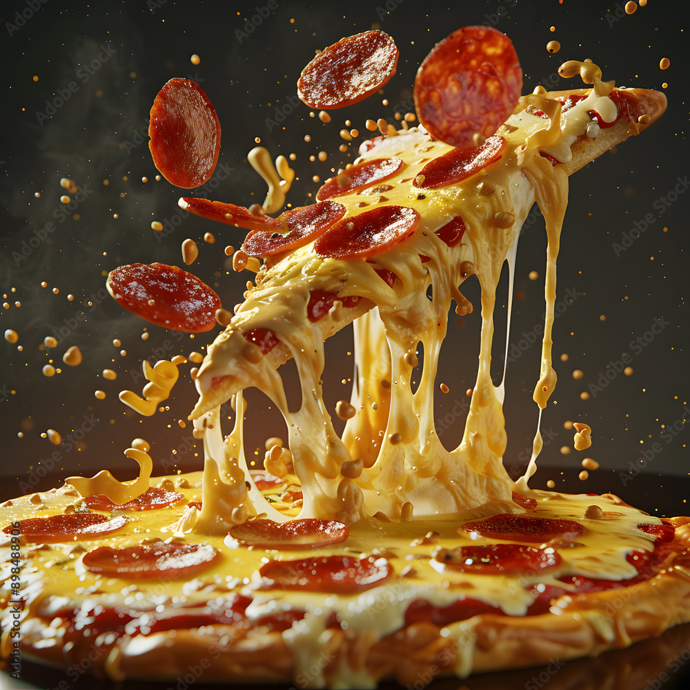 Realistic slice of cheesy pepperoni pizza cheese melting, photo with a ...