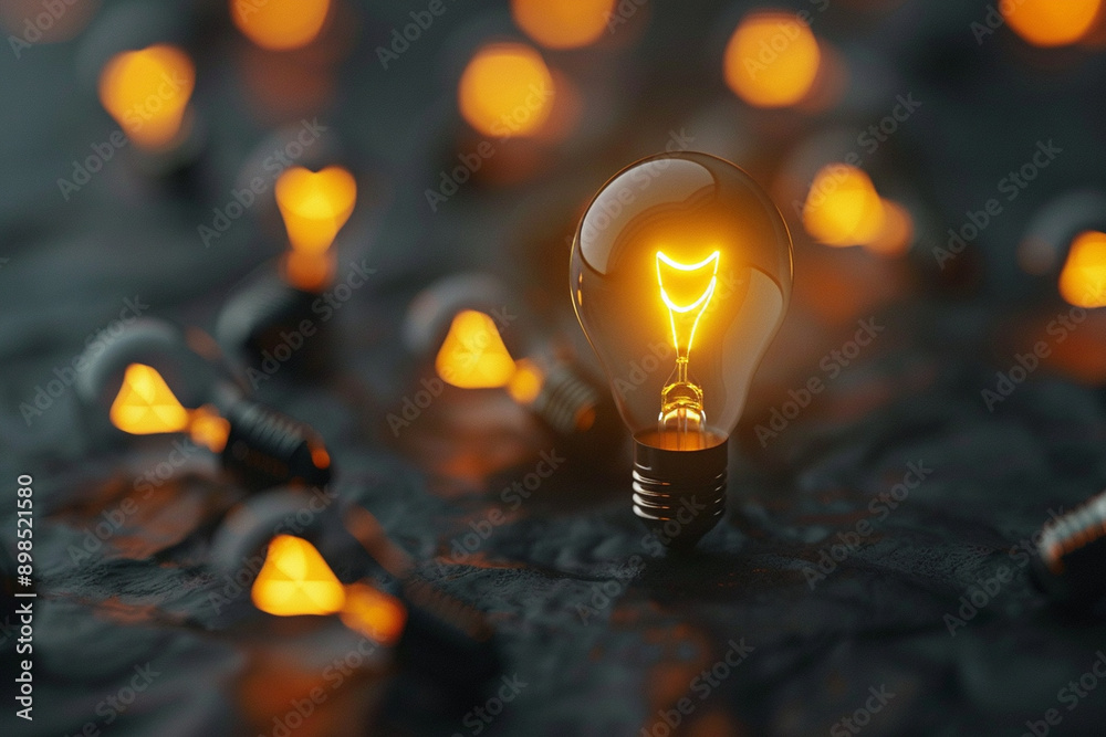 One of Lightbulb glowing among shutdown light bulb in dark area with ...