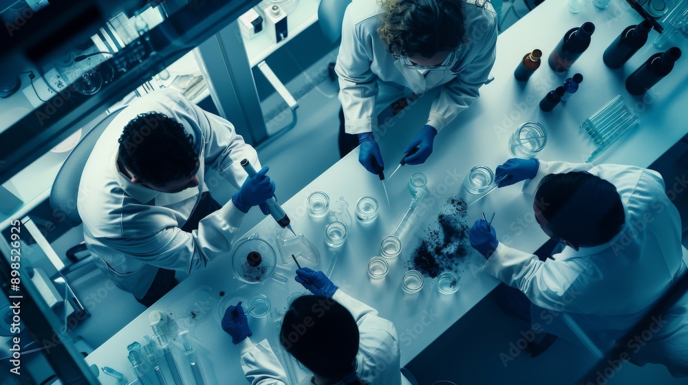 Team of scientists conducting experiments and analyzing samples in a ...