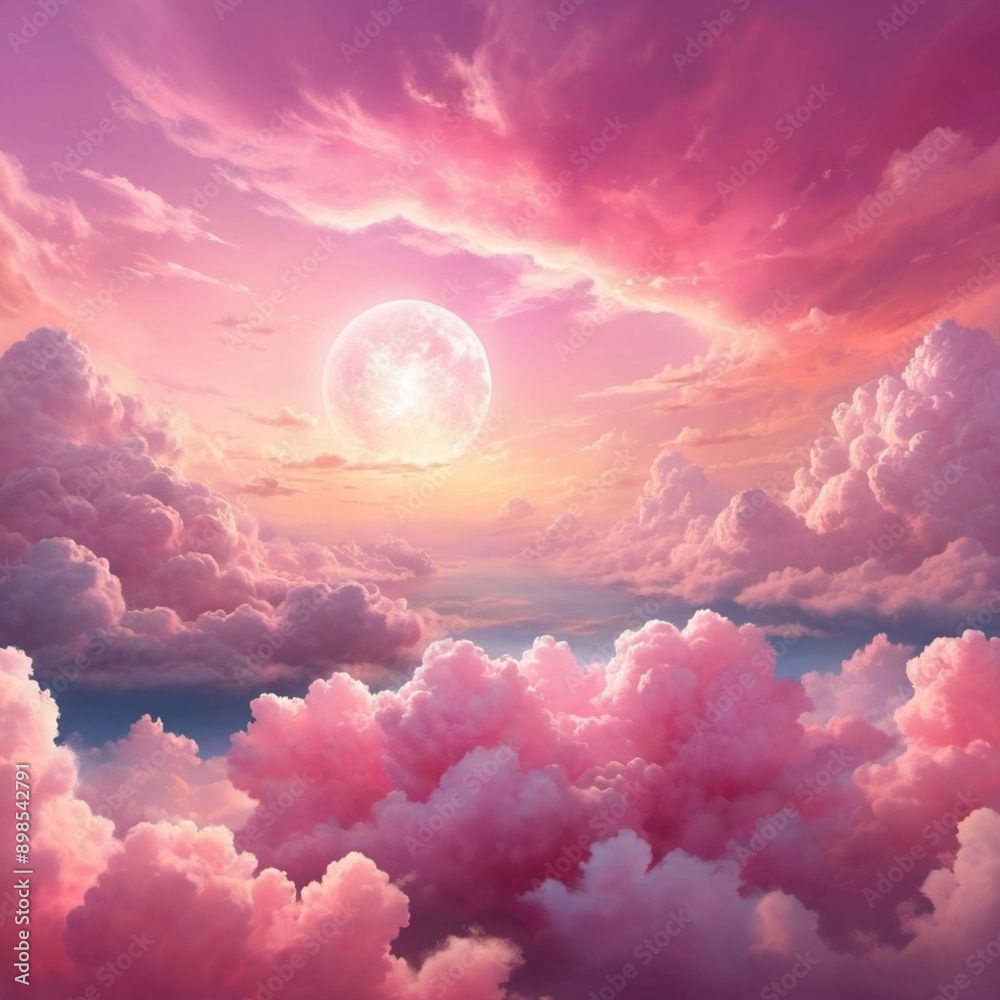 Beautiful pink fluffy clouds in vibrant sunset sky. Visual display ...