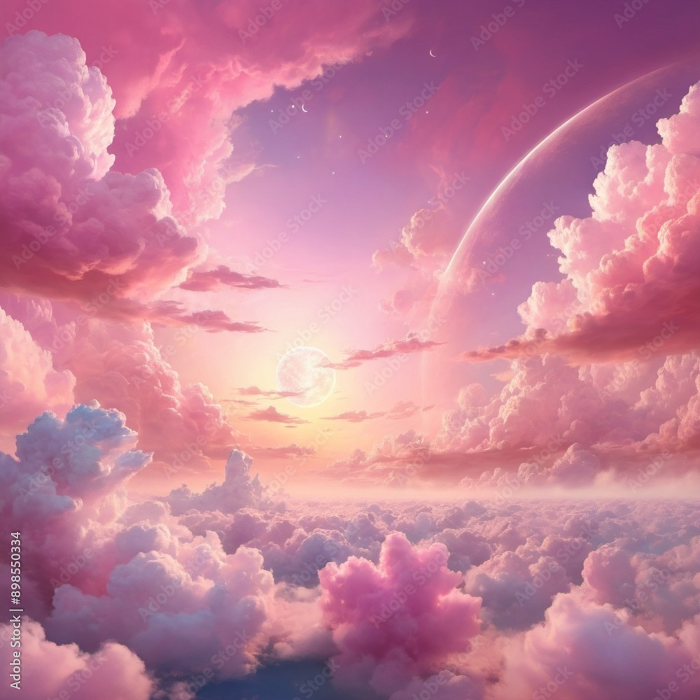 Beautiful pink fluffy clouds in vibrant sunset sky. Visual display ...