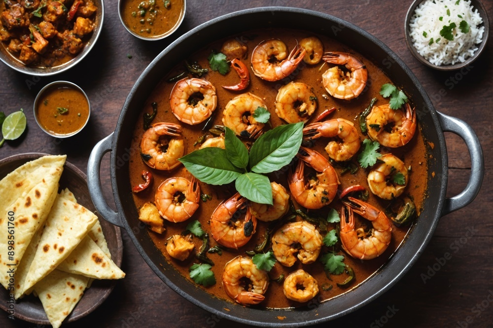 Top view spicy hot Bengali Prawn roast , shrimp masala fish curry ...