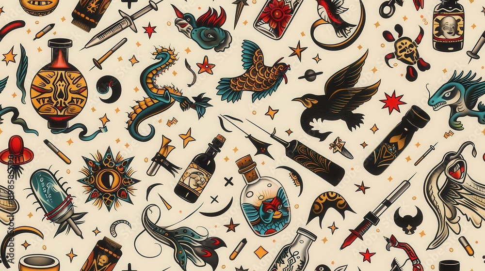 The design showcases a collection of diverse tattoo patterns, featuring ...