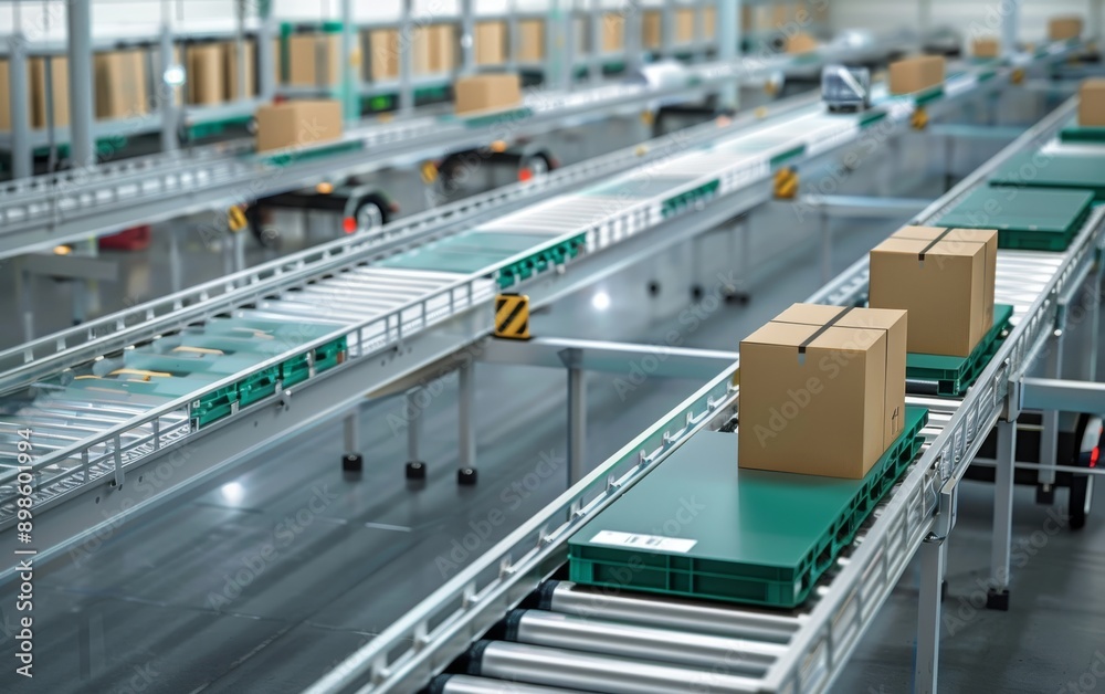 Conveyor belts carrying cardboard boxes in a modern warehouse ...