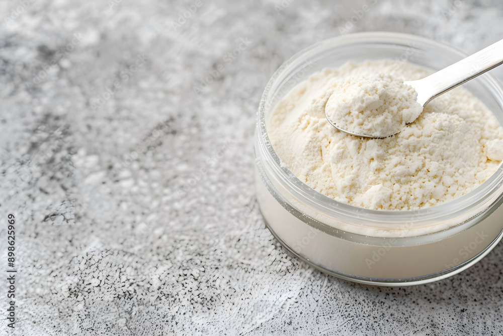 Probiotic supplement bottle with a spoon, showcasing the powder, yogurt ...