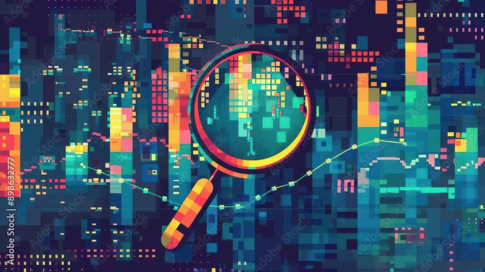 A pixel art representation of a magnifying glass over pixelated ...