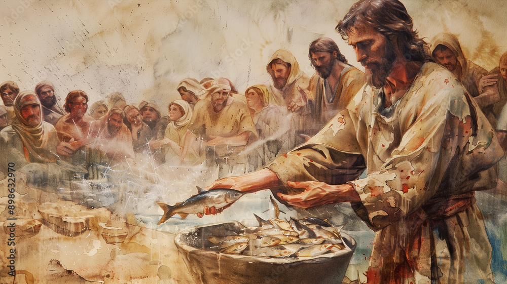 Jesus Christ gives fish to the people, feeding the multitude 5000 ...