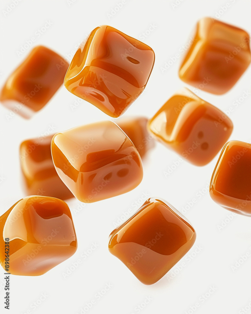 Caramel candy: Candied caramel cubes floating in the air on isolated a ...