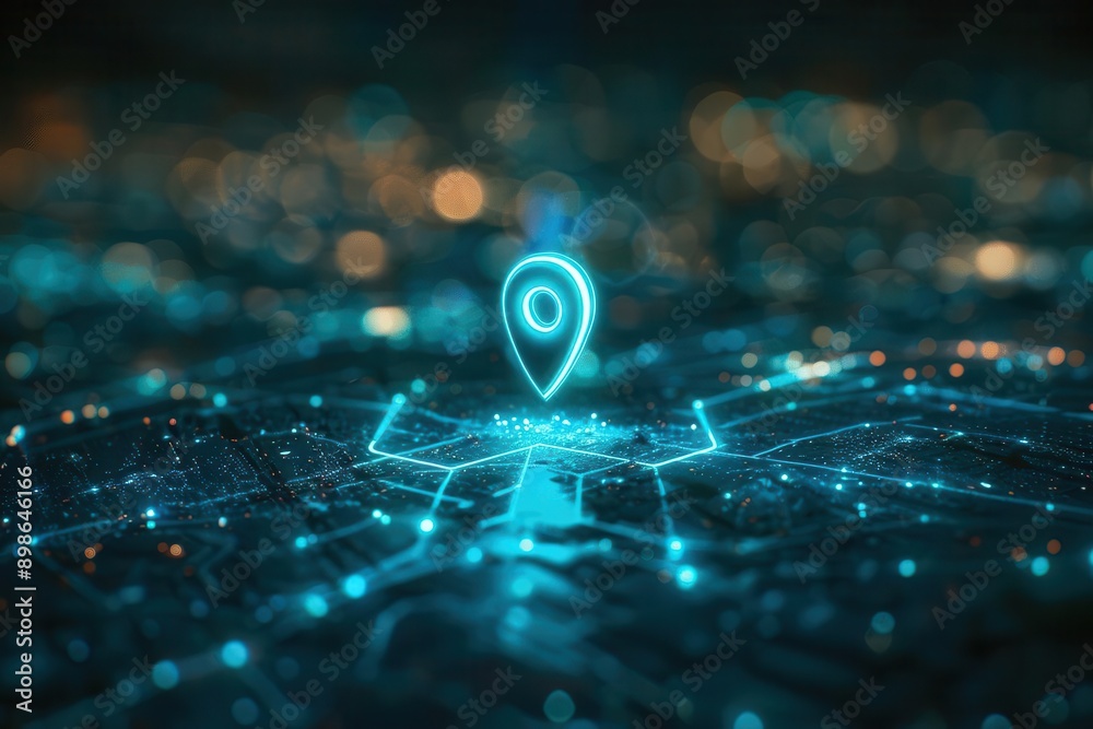 3d holographic map floating in dark space glowing location pin pulses ...