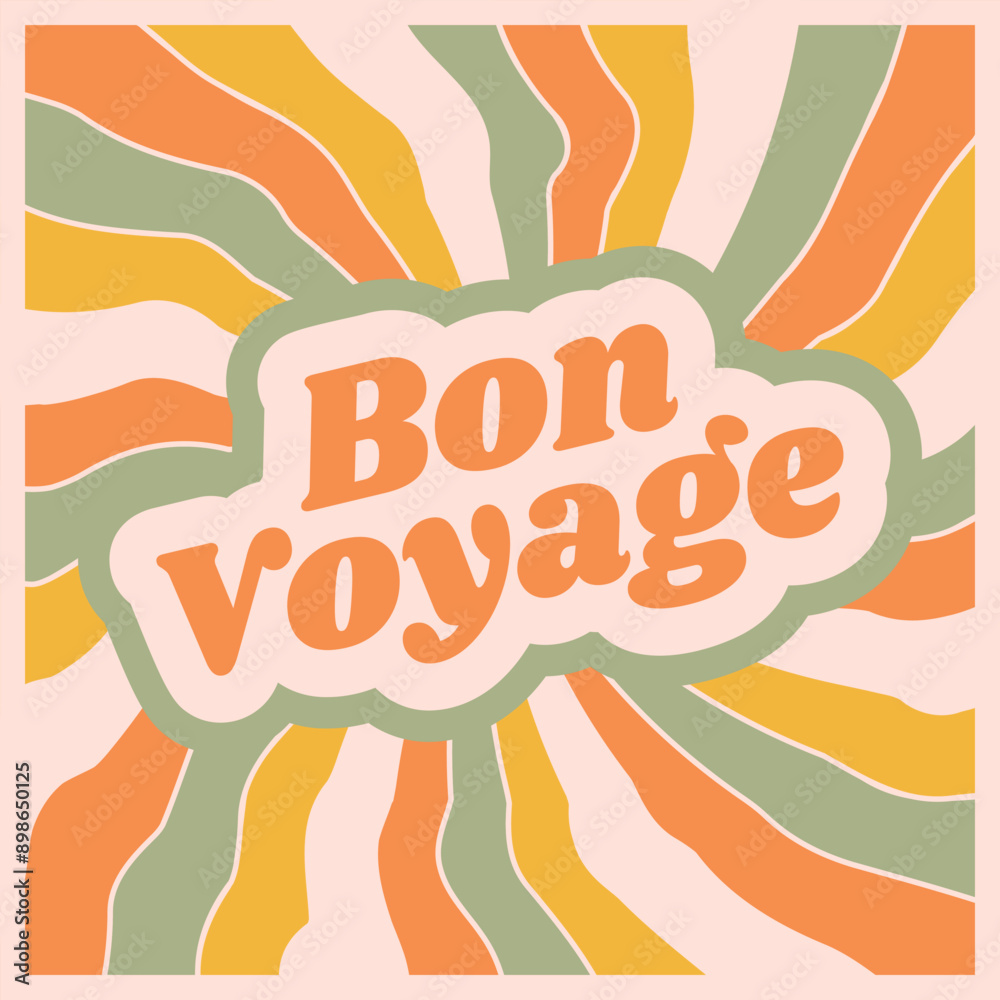Bon voyage vector lettering 70s style. Isolated vector illustration. Handwritten modern ...