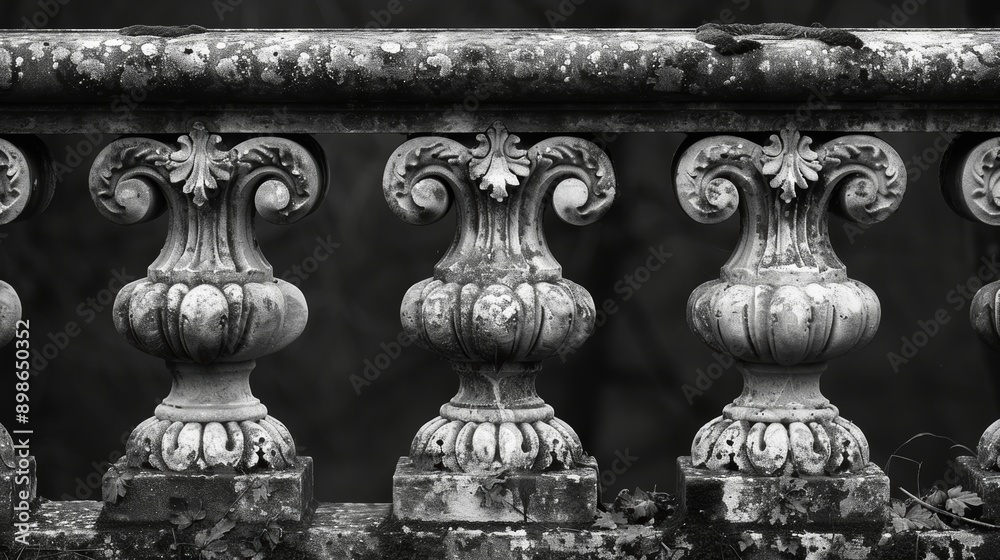 Detail of an old stone balustrade with moss and lichen growing on it ...