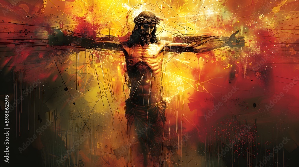 This powerful and dramatic artwork depicts a stylized representation of ...