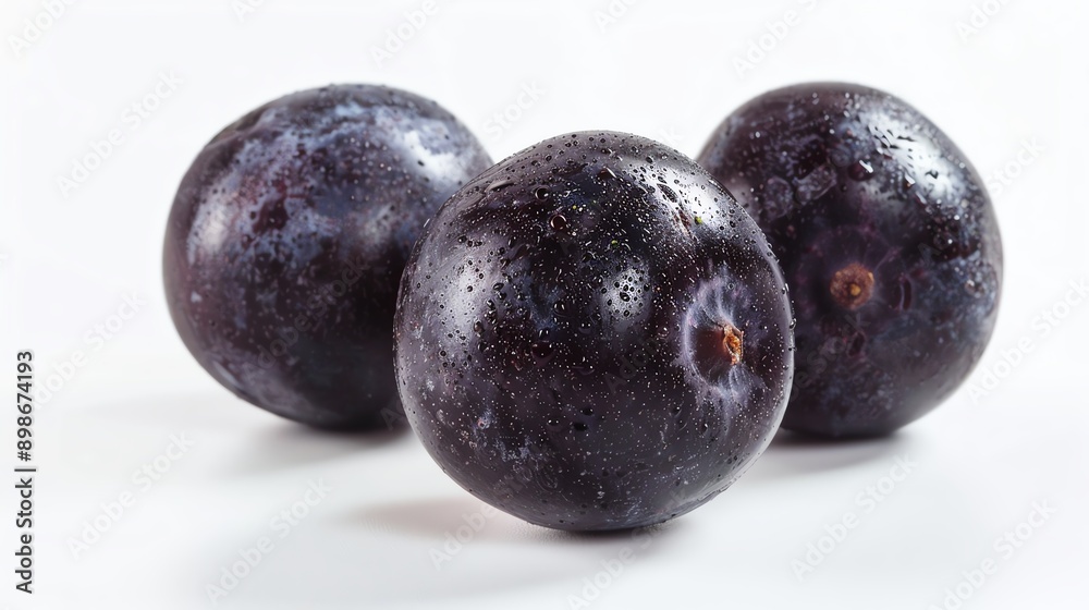 Three fresh and juicy plums with a deep purple color on a clean white ...