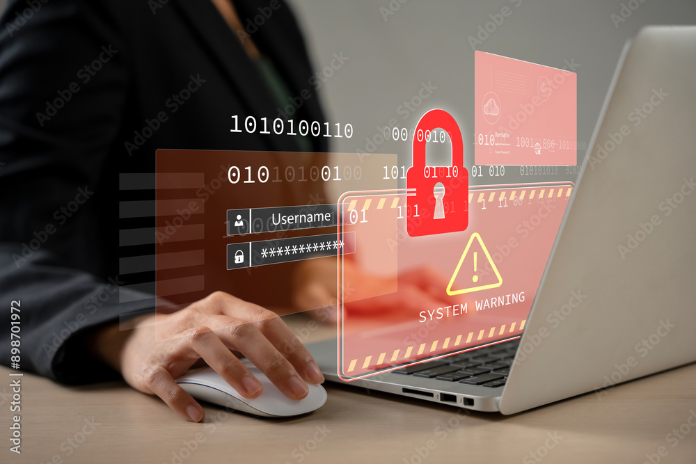 System hacked alert after cyber attack on computer network. compromised information concept ...